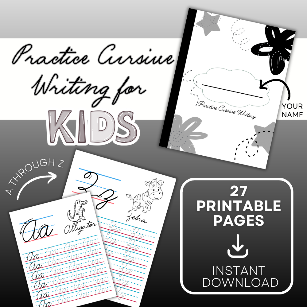 Cursive Printable Writing Practice for Kids - Black & White – Let's ...