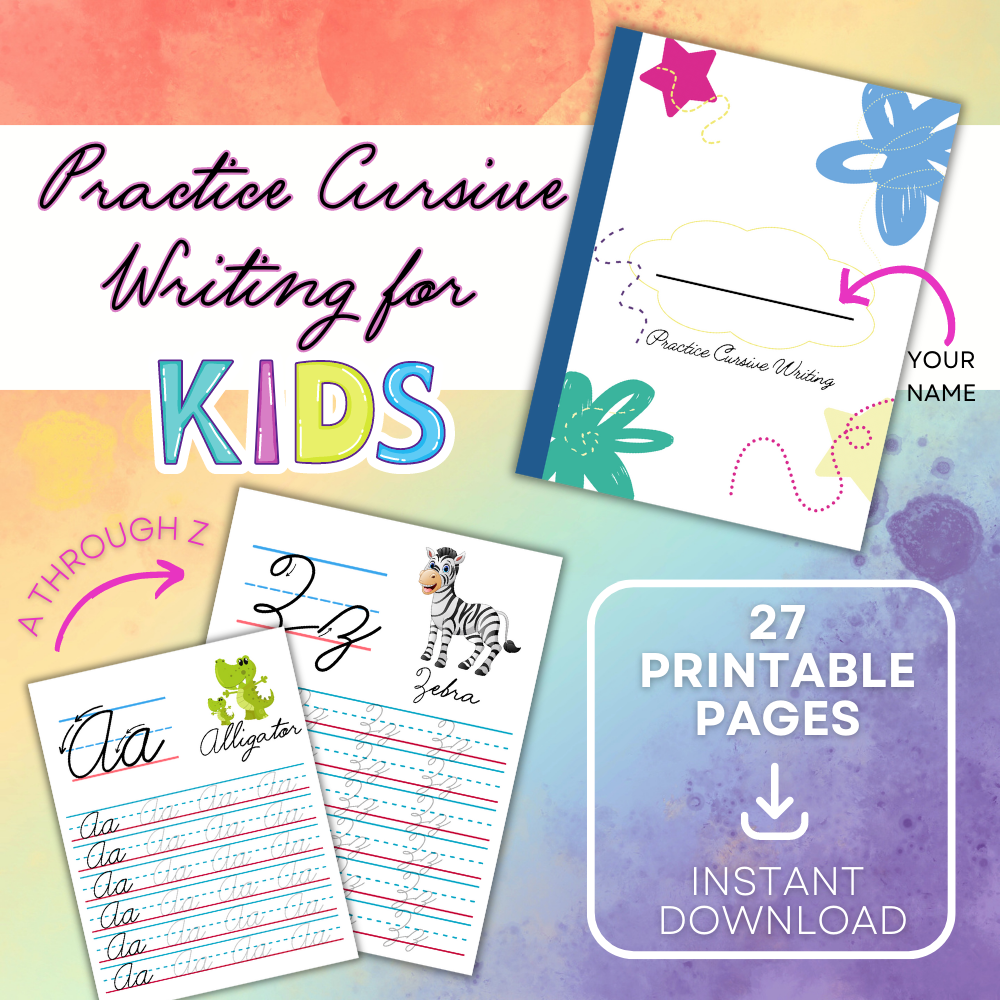 Cursive Printable Writing Practice for Kids - Colorful – Let's Plan My ...